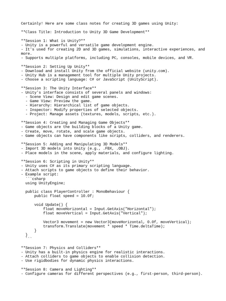 Unityclassnotes | PDF | Unity (Game Engine) | 3 D Computer Graphics Unityclassnotes | PDF | Unity (Game Engine) | 3 D Computer Graphics