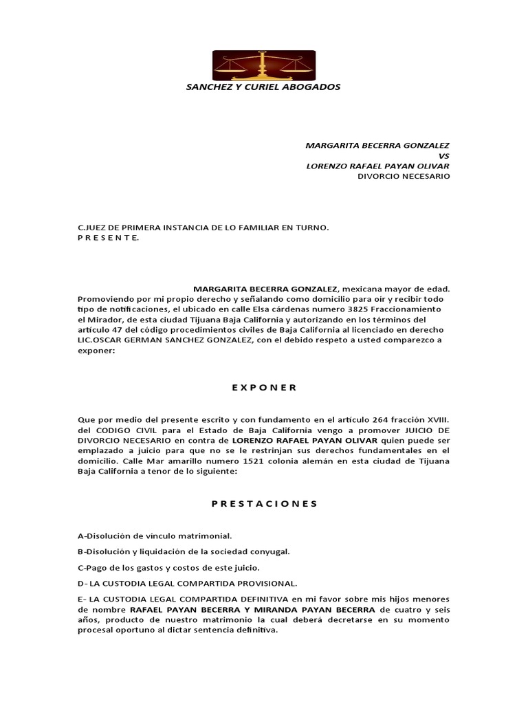 Demanda de Divorcio Necesario en Tijuana | PDF | Divorcio | Demanda ...
