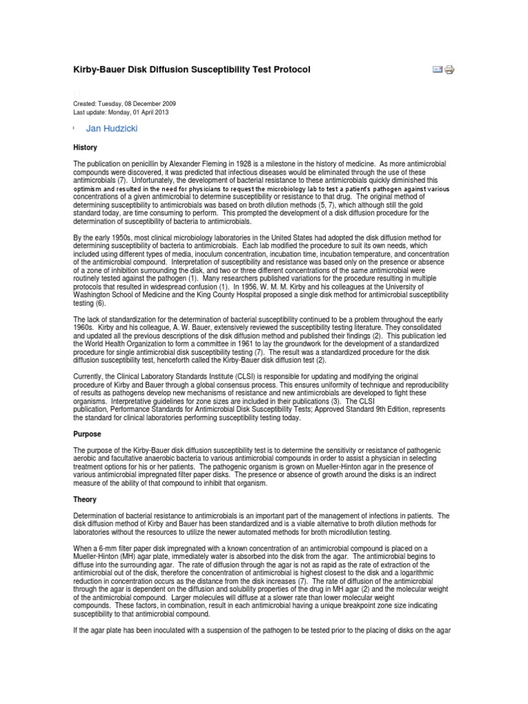 Kirby-Bauer Disk Diffusion Susceptibility Test | PDF | Microbiology