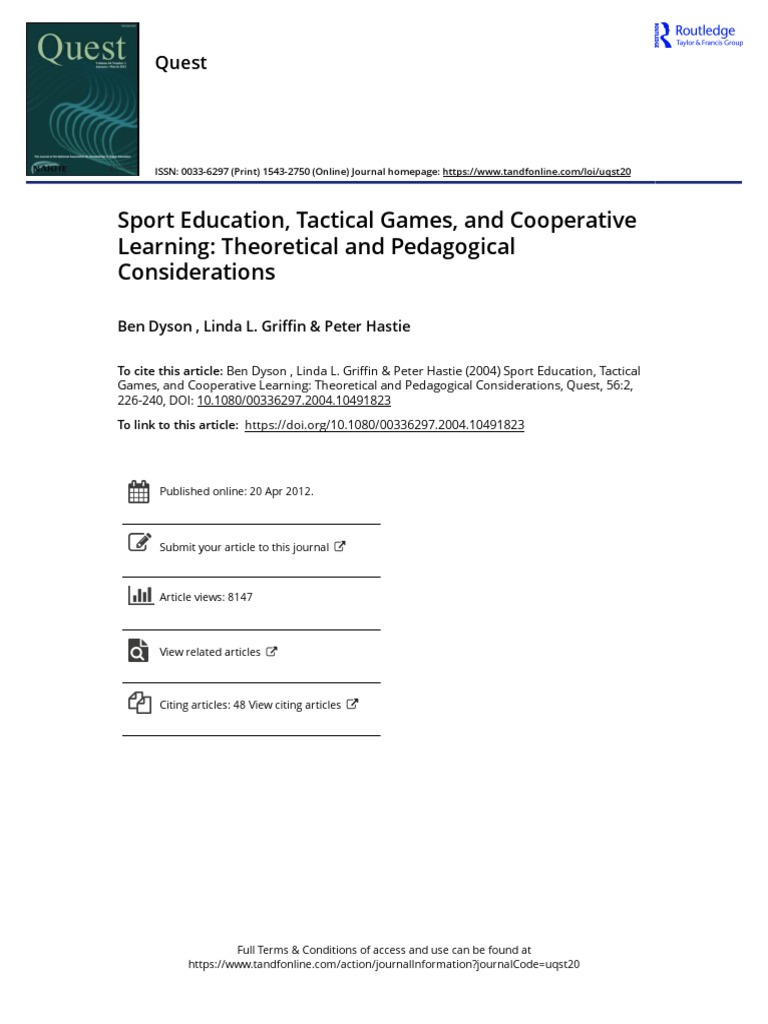 Sport Education Tactical Games and Cooperative Learning Theoretical and ...