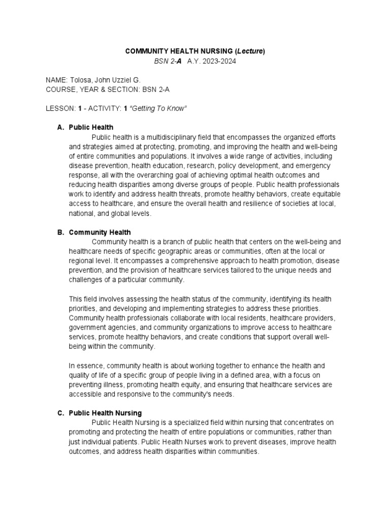 TOLOSA, UZZIEL - CHN Lecture LESSON 1 Activity 1 | PDF | Health Care | Public Health