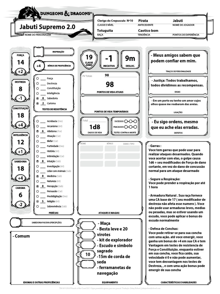 DD 5e Ficha de Personagem Jabuti | PDF