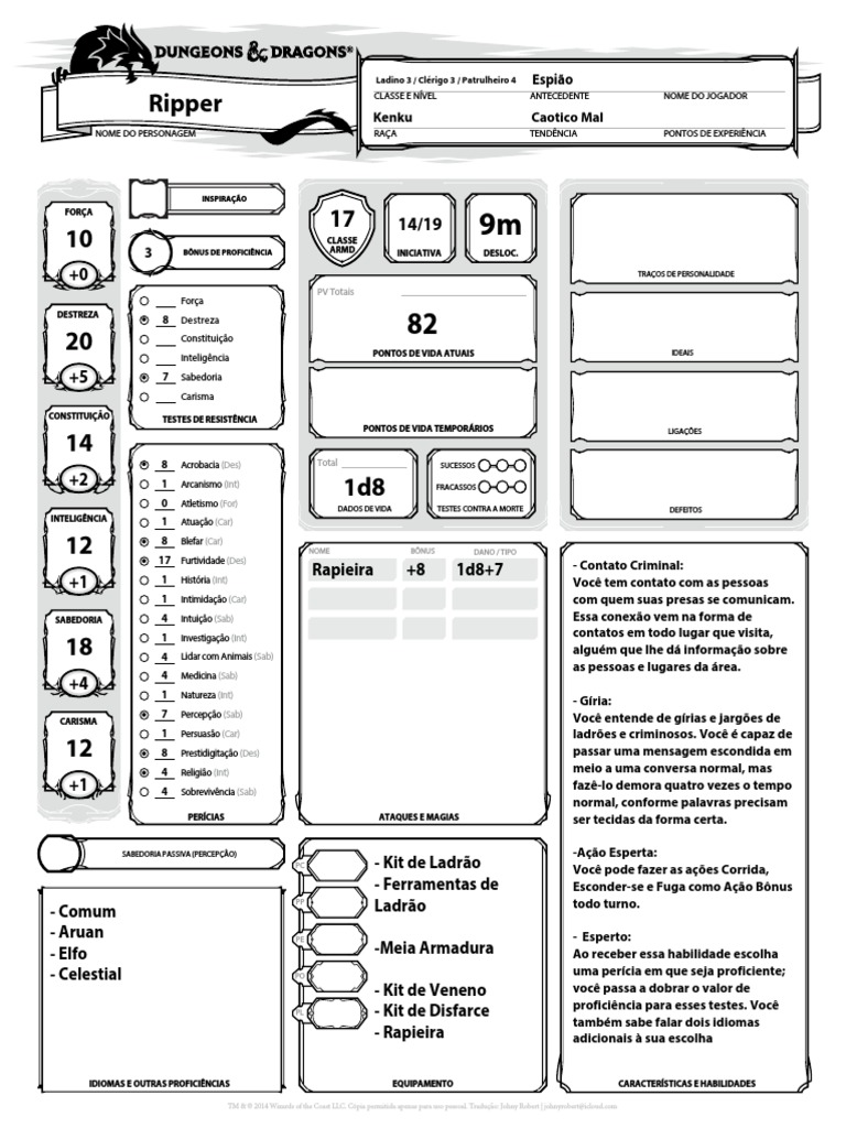Dd-5e-Ficha-De-Personagem - Ripper | PDF