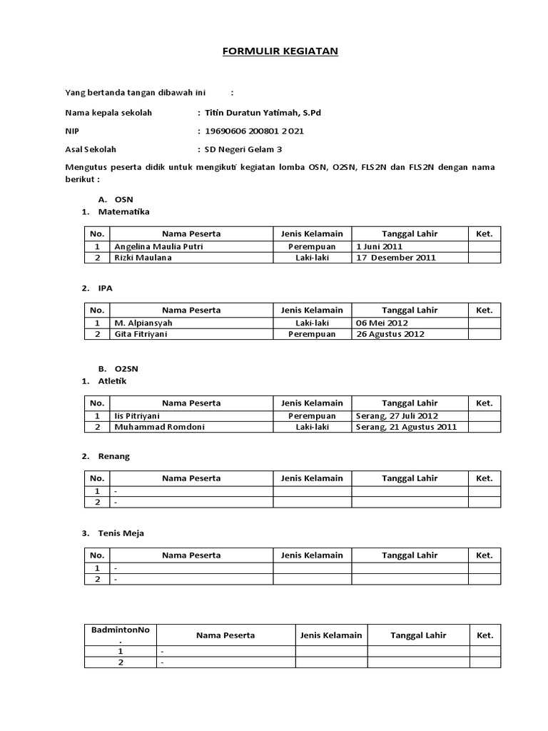 Formulir Kegiatan O2sn 2 | PDF