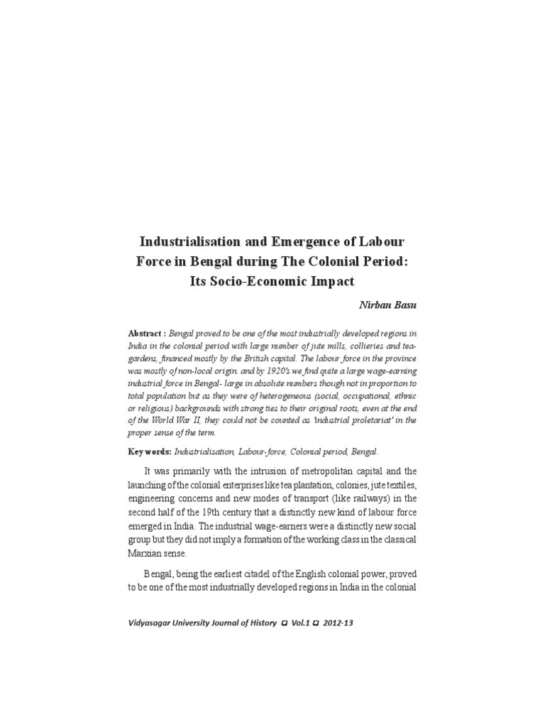 Industrialisation and Emergence of Labour Force in Bengal During The ...