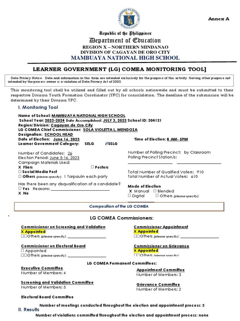 MambuayaNHS - SSLG COMEA Monitoring Tool | PDF | Democracy | Political ...