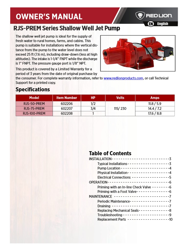 RJS-PREM Series Pump Owner's Manual | PDF | Pump | Valve