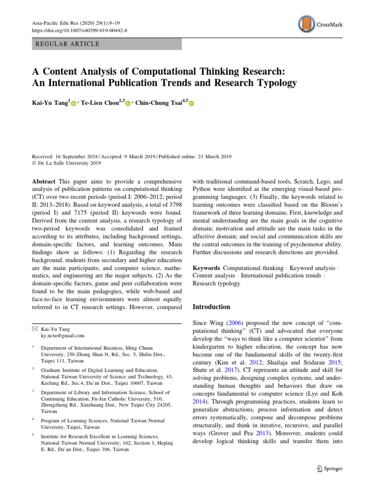 A Content Analysis Of Computational Thinking Research An International