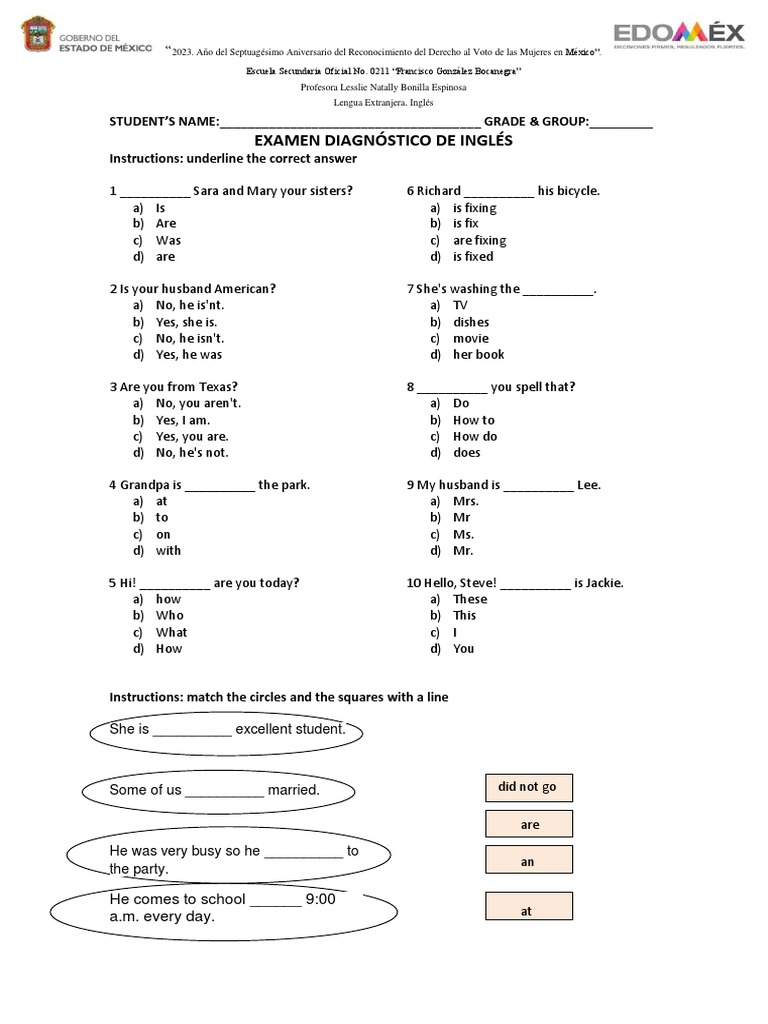EXAMEN DIAGNOSTICO INGLÉS | PDF