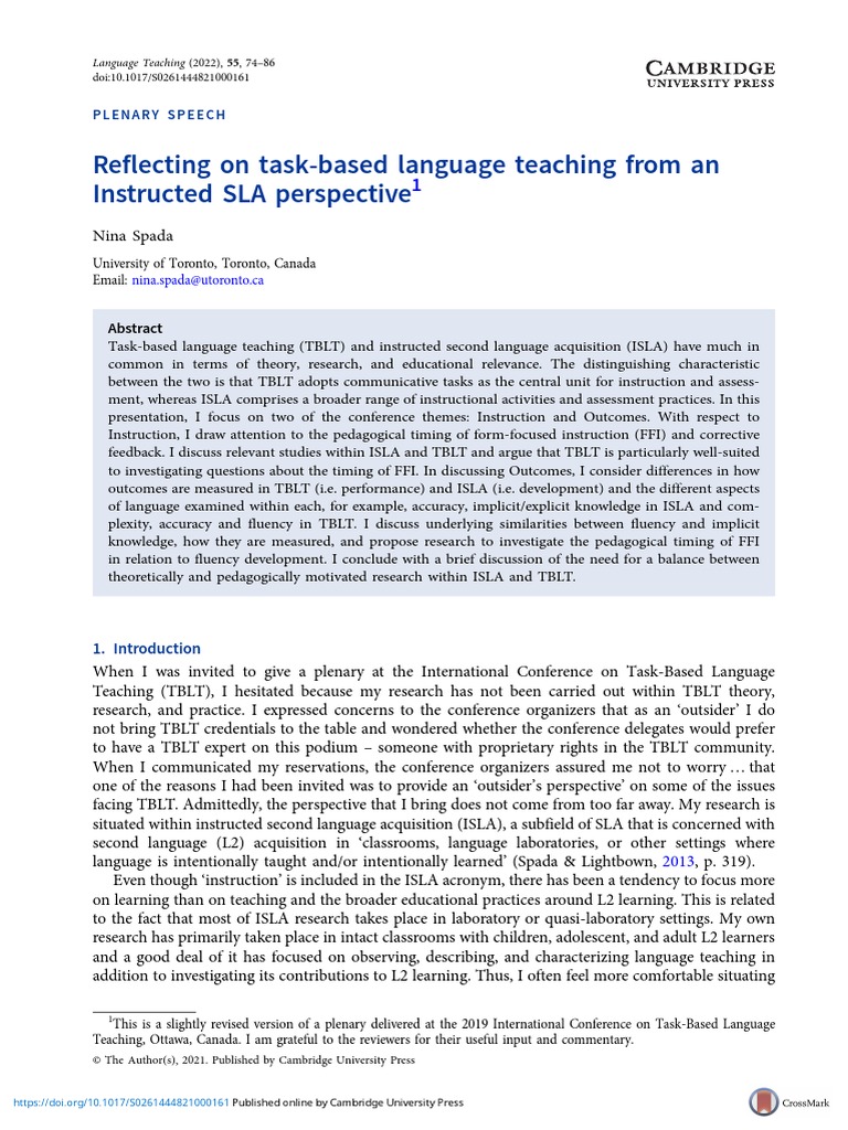 Reflecting On Task Based Language Teaching From An Instructed Sla ...