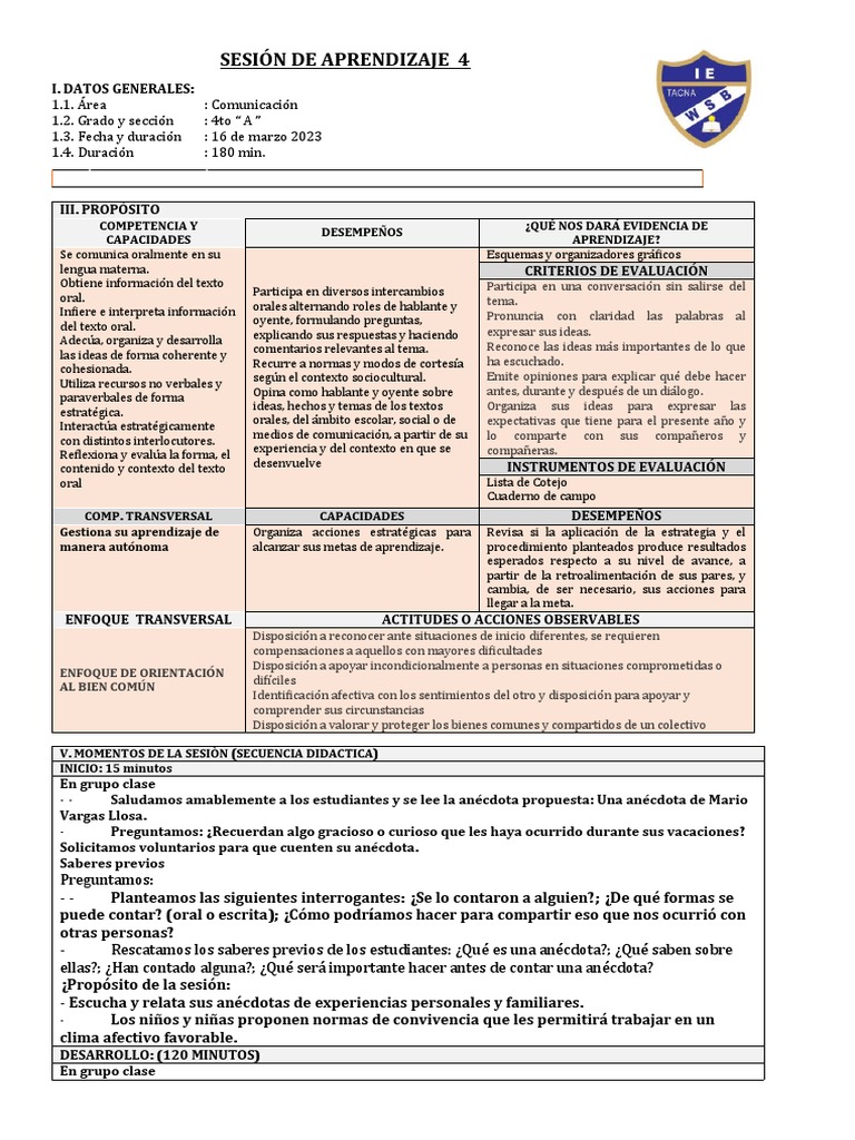Sesión de Aprendizaje 4 | Descargar gratis PDF | Aprendizaje