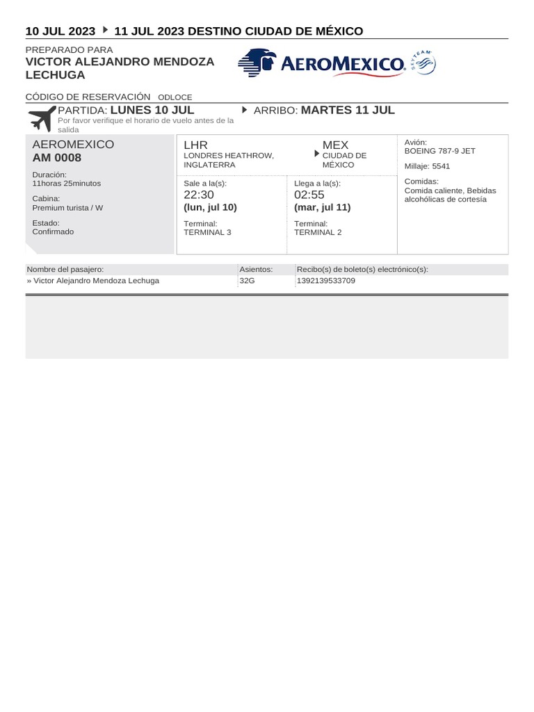 Reserva de Viaje 10 Julio para Victor Alejandro Mendoza Lechuga | PDF
