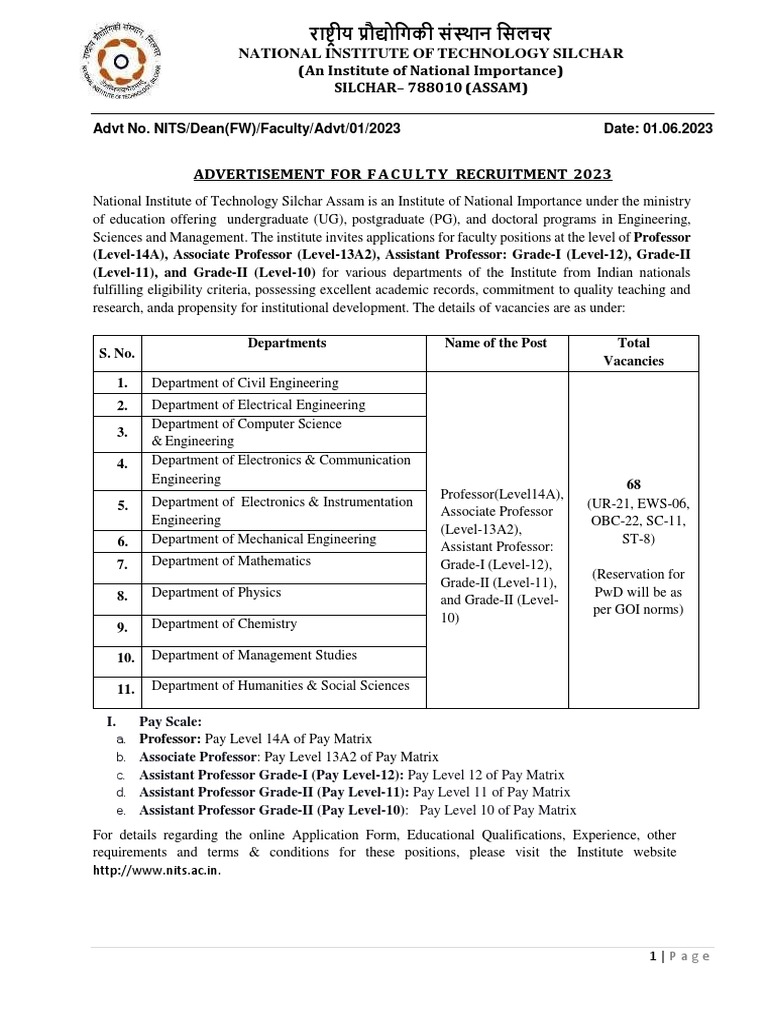 Revised - NIT Silchar Faculty Advt-Published | PDF | Engineering