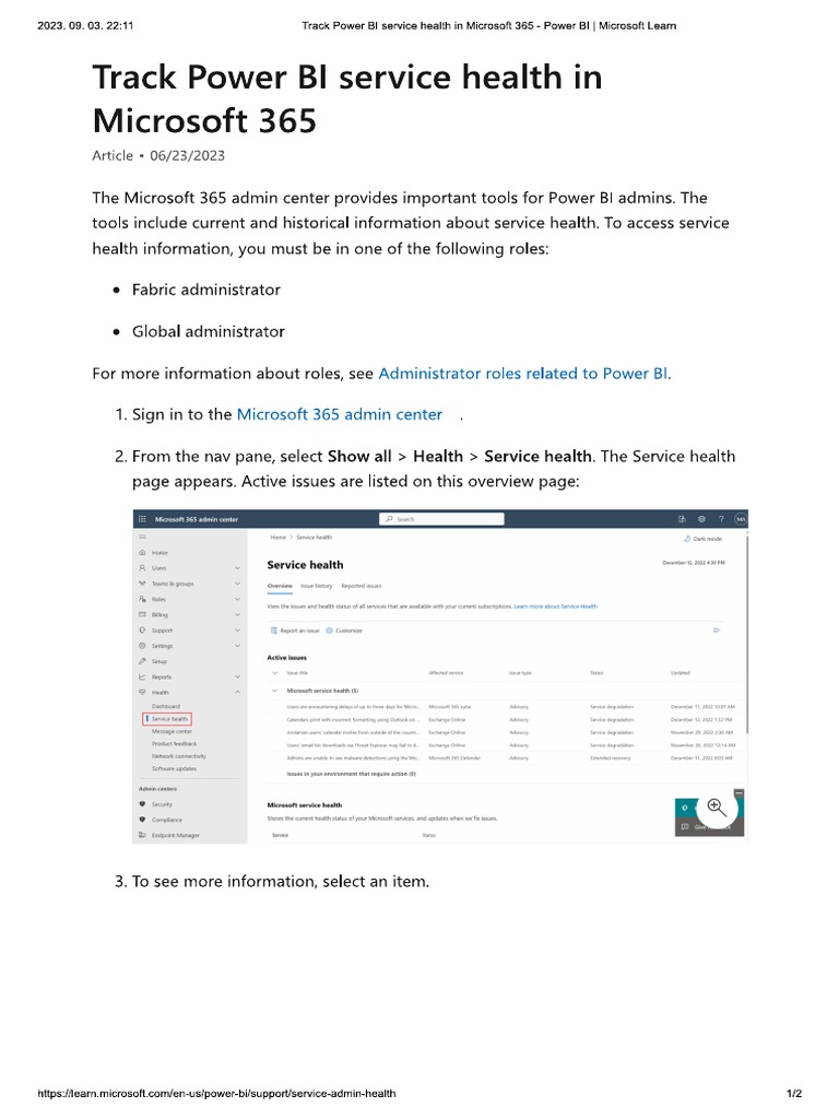 Track Power BI Service Health in Microsoft 365 | PDF