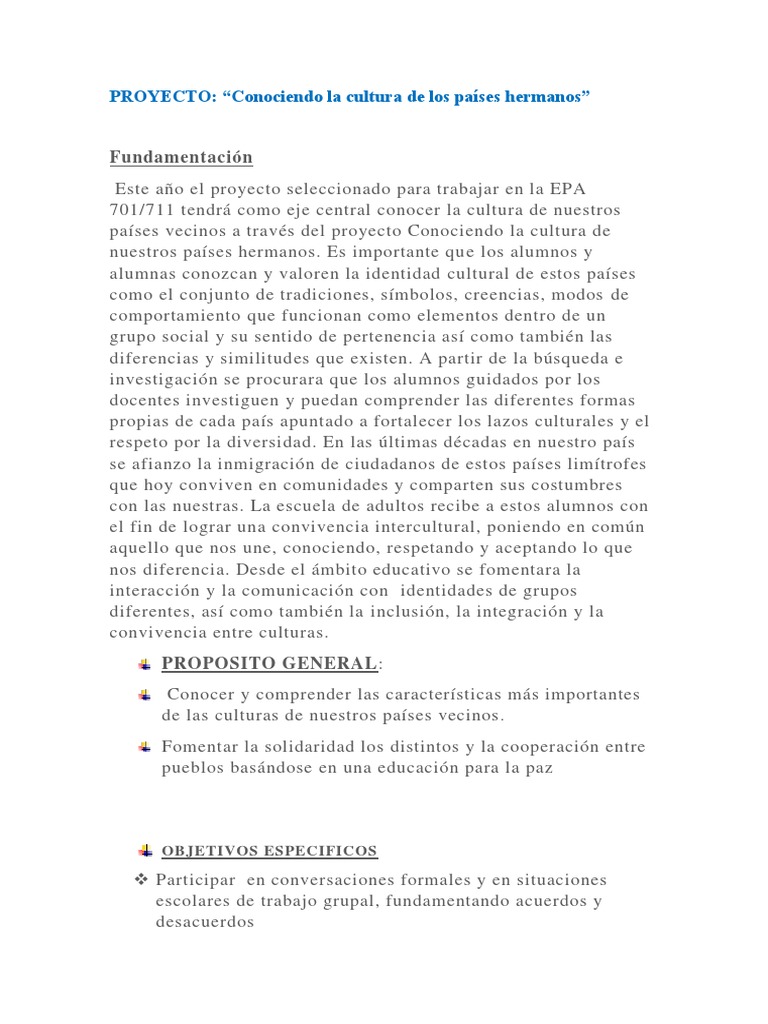 Proyecto Conociendo La Cultura de Los Paises Hermanos (Arreglado) | PDF