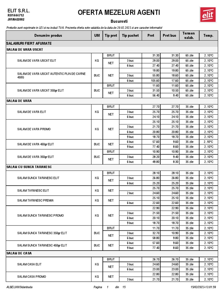 Elit Oferta de Preturi Mezeluri Agenti 20.02.2023 Bucuresti-1 | PDF