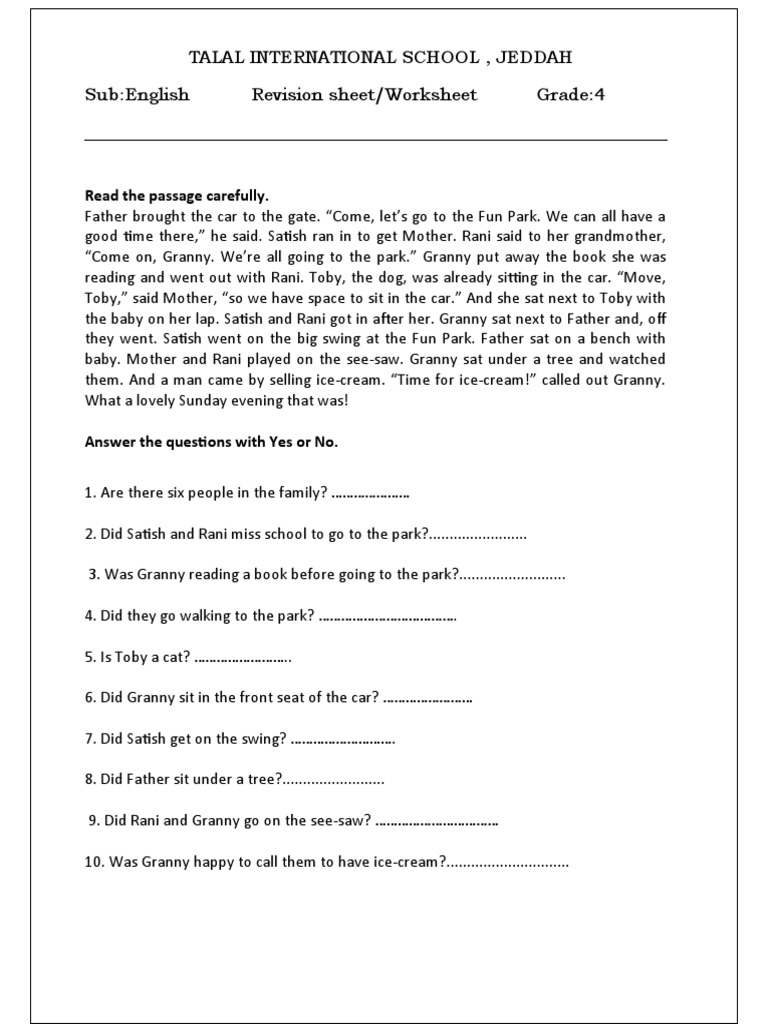 نسخة English ,Grade 4 Worksheet | PDF