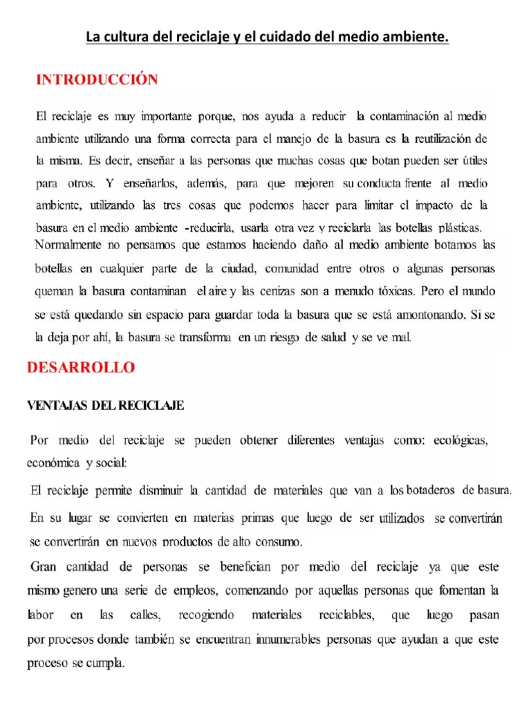 La Cultura Del Reciclaje y El Cuidado Del Medio Ambiente | PDF