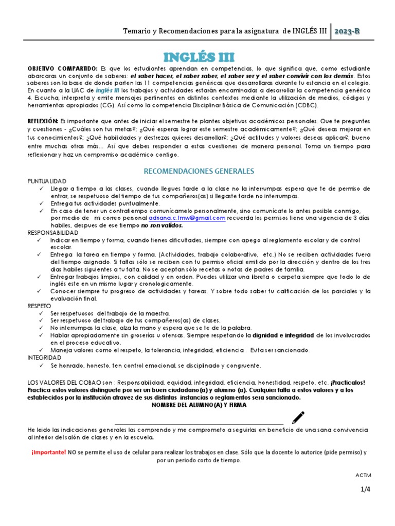 INGLES III Recomendaciones y Temario 2023-B | PDF