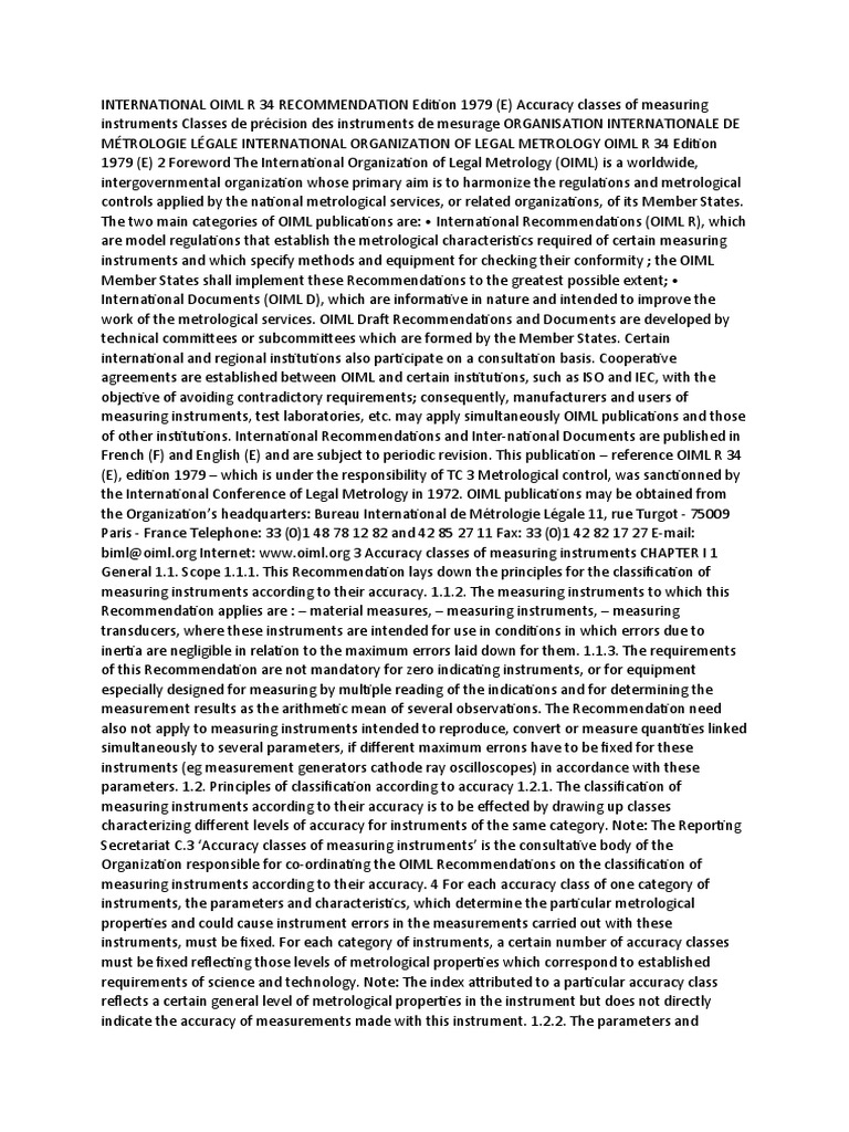 International Oiml R 34 Recommendation Edition 1979 | PDF | Metrology ...
