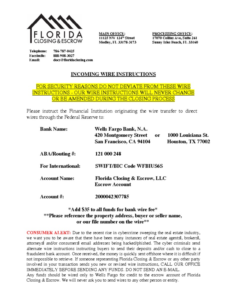 Wire Instr - FCE W Wire Fee | PDF | Finance & Money Management | Social ...