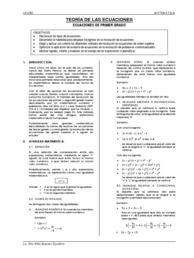 01_TEORÍA_DE_LAS_ECUACIONES_Ecuaciones_Lineales_2023_final2_1 | PDF | Ecuaciones | Variable ...