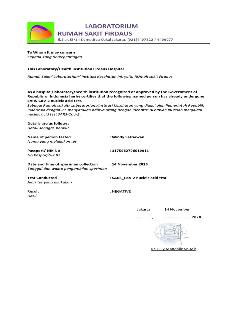 Sertifikat Tes COVID-19 Negatif | PDF