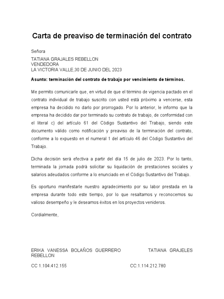 Carta de Preaviso de Terminación Del Contrato de Trabajo | PDF