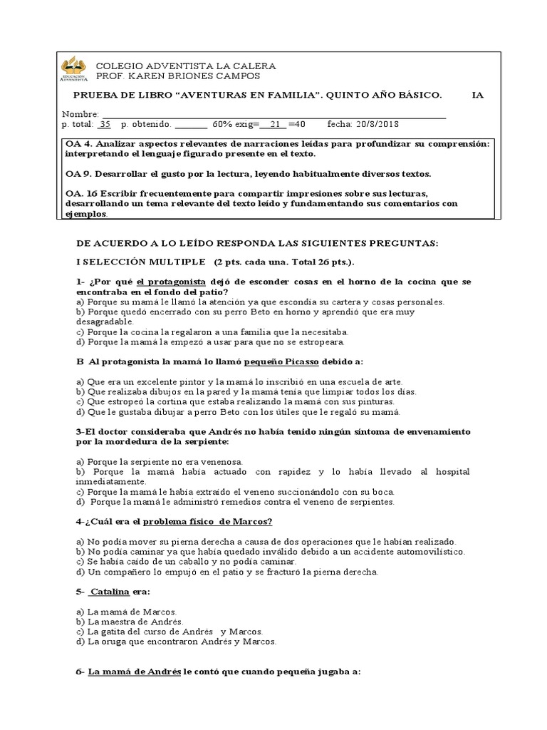 Prueba de Libro Aventuras en Familia 2018 Ia | PDF