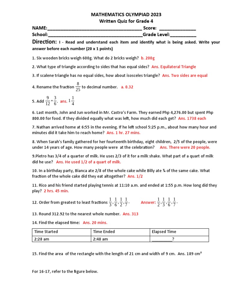 4-6 Final Math Olympiad Written Quiz | PDF