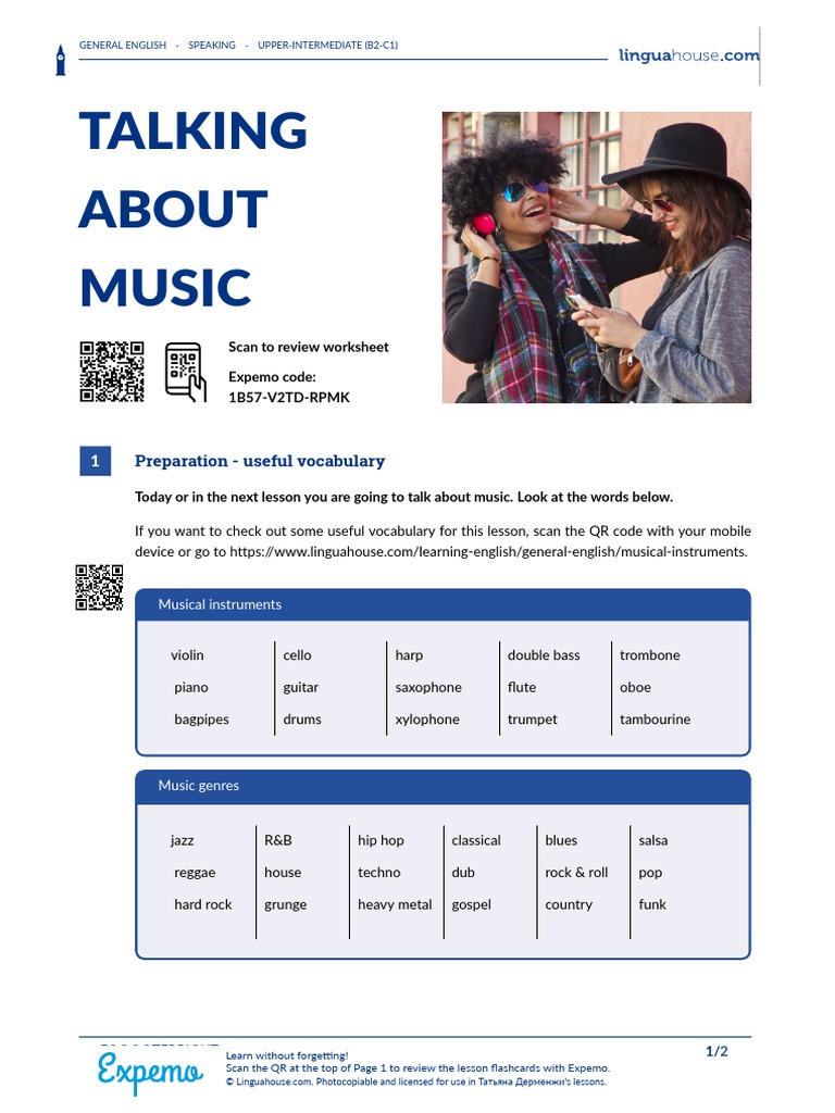 Upper-Intermediate Music Discussion Guide | PDF | Flashcard | Musical ...