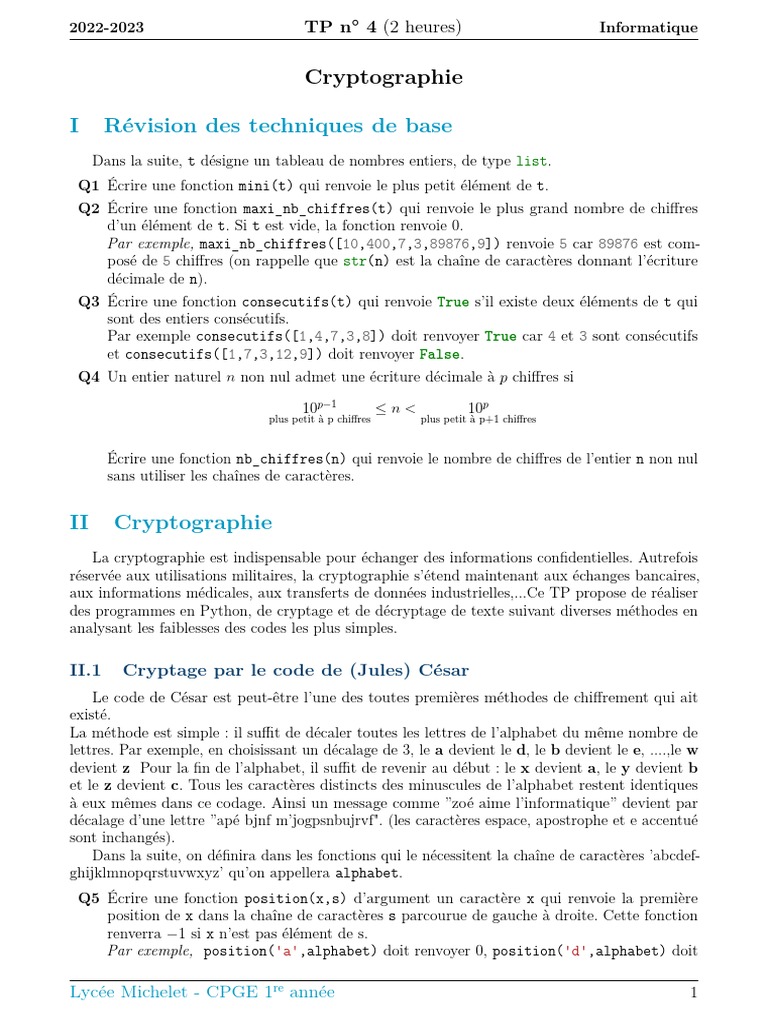 TP Informatique: Cryptographie et Codage Python | PDF | Entier naturel | Nombre
