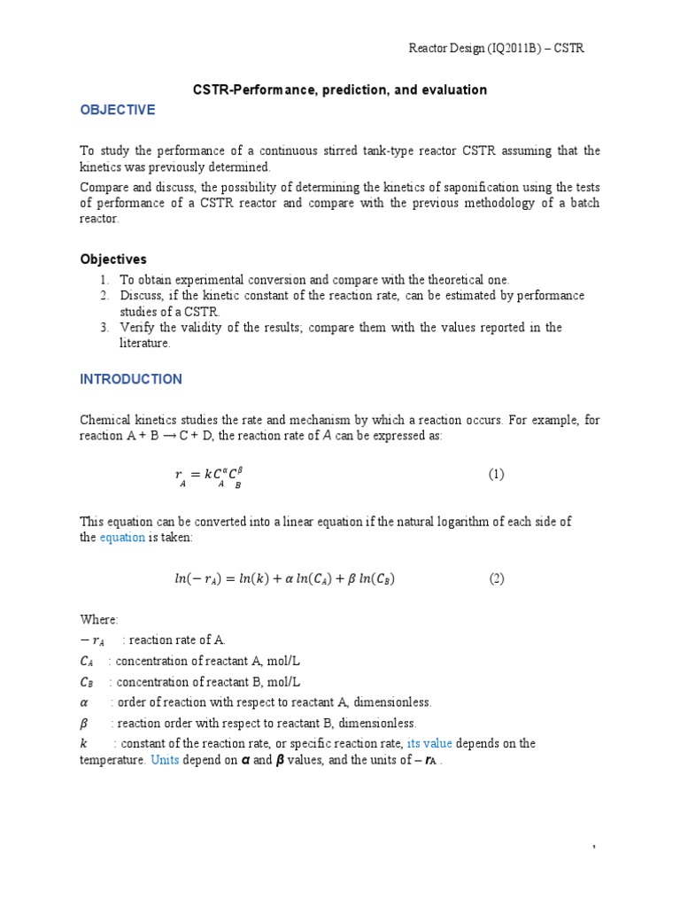 CSTR | PDF | Reaction Rate | Chemical Reactor
