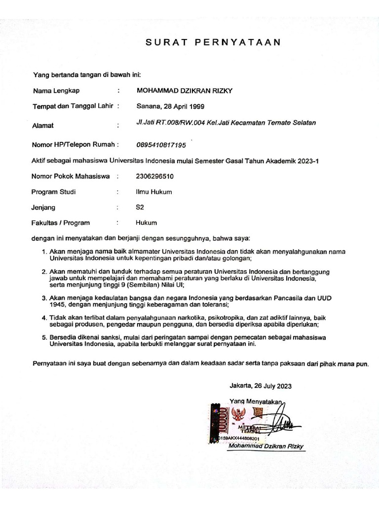 Scan Surat Pernyataan Muhammad Zikran | PDF