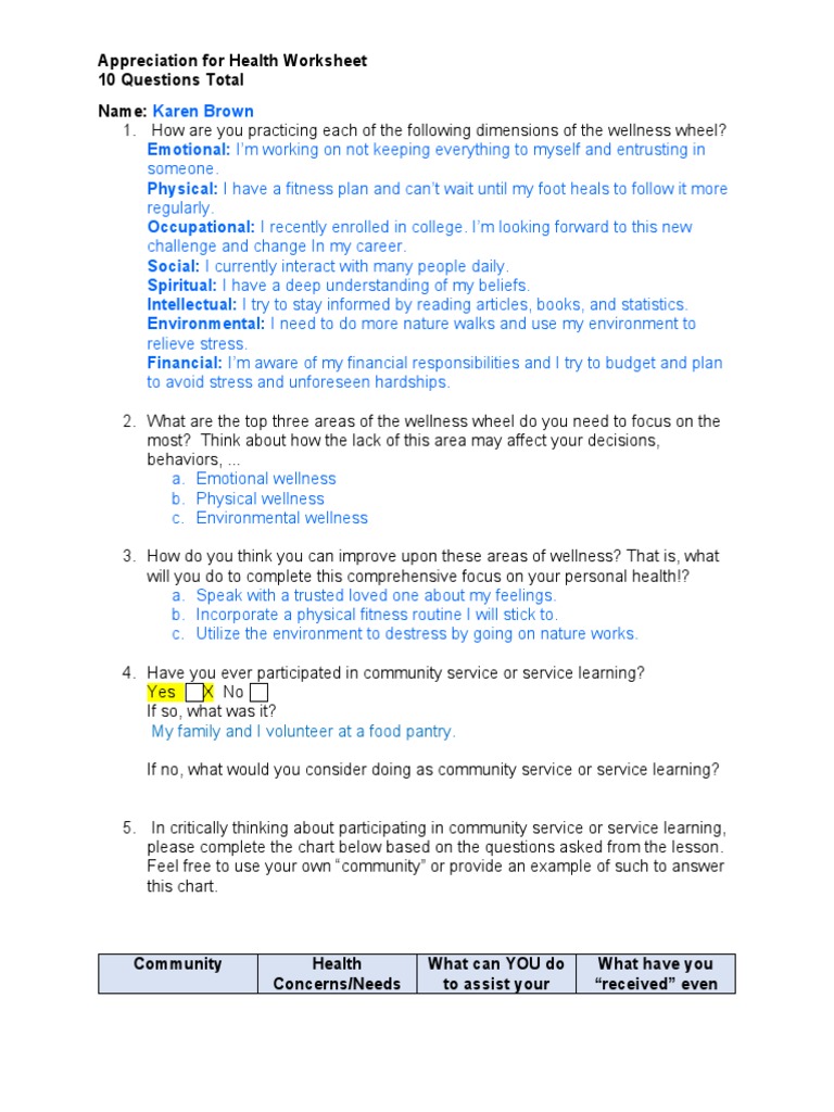 Health and Wellness Reflection Worksheet | PDF | Psychology ...