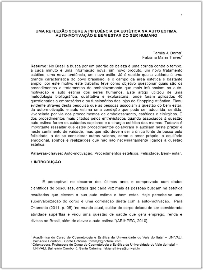 UMA REFLEXÃO SOBRE A INFLUÊNCIA DA ESTÉTICA NA AUTO ESTIMA, AUTO ...