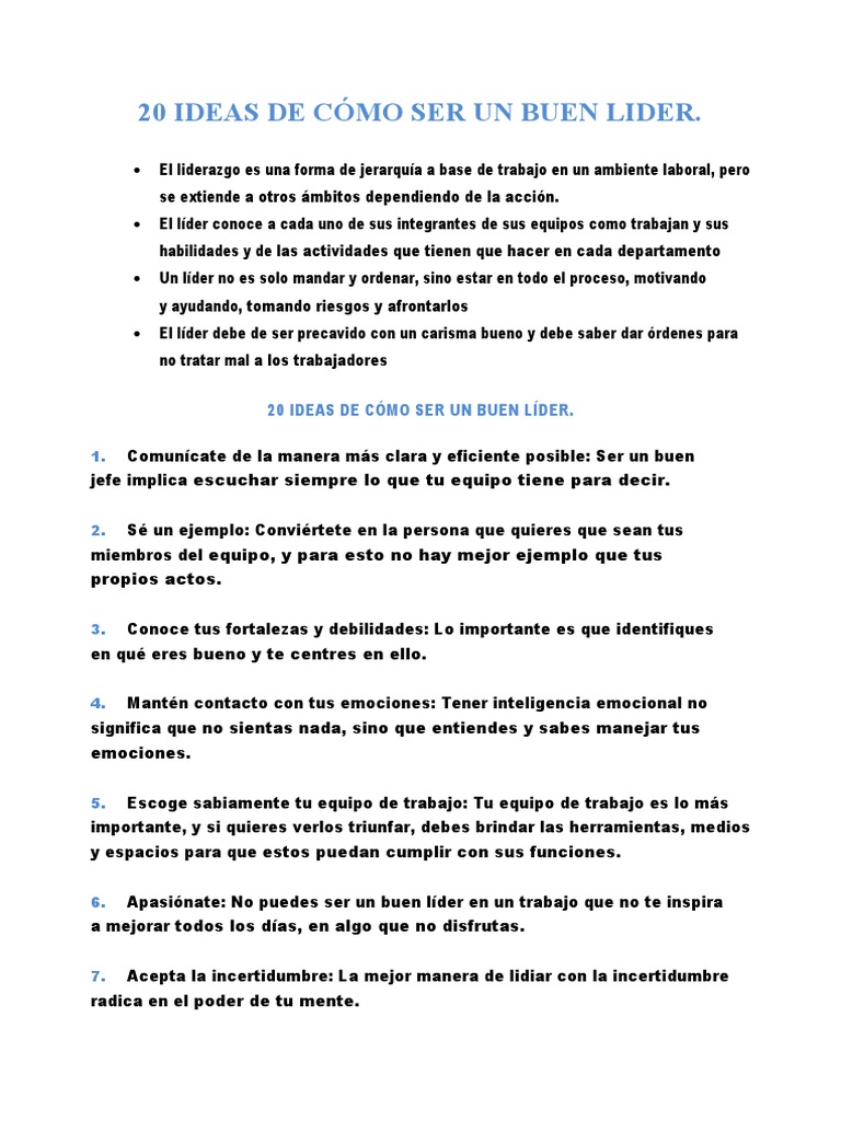 20 Ideas de Cómo Ser Un Buen Lider | PDF | Aprendizaje | Experiencia