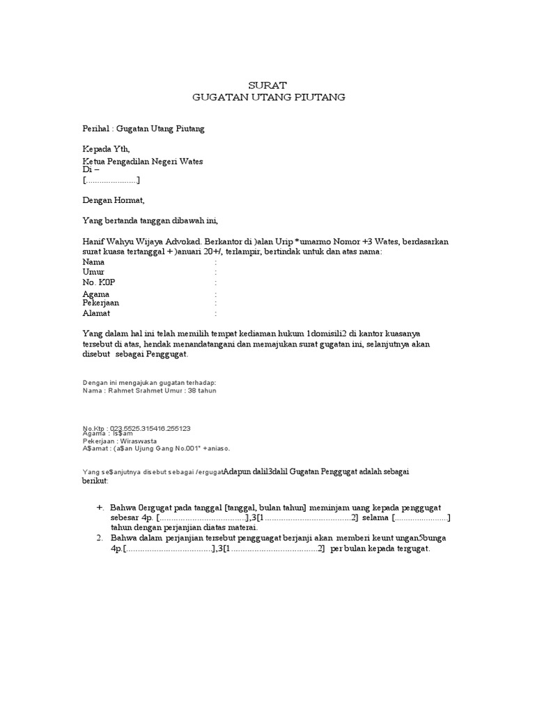 PDF Contoh Surat Gugatan Utang Piutang Yang Resmi Baik Benar Format ...