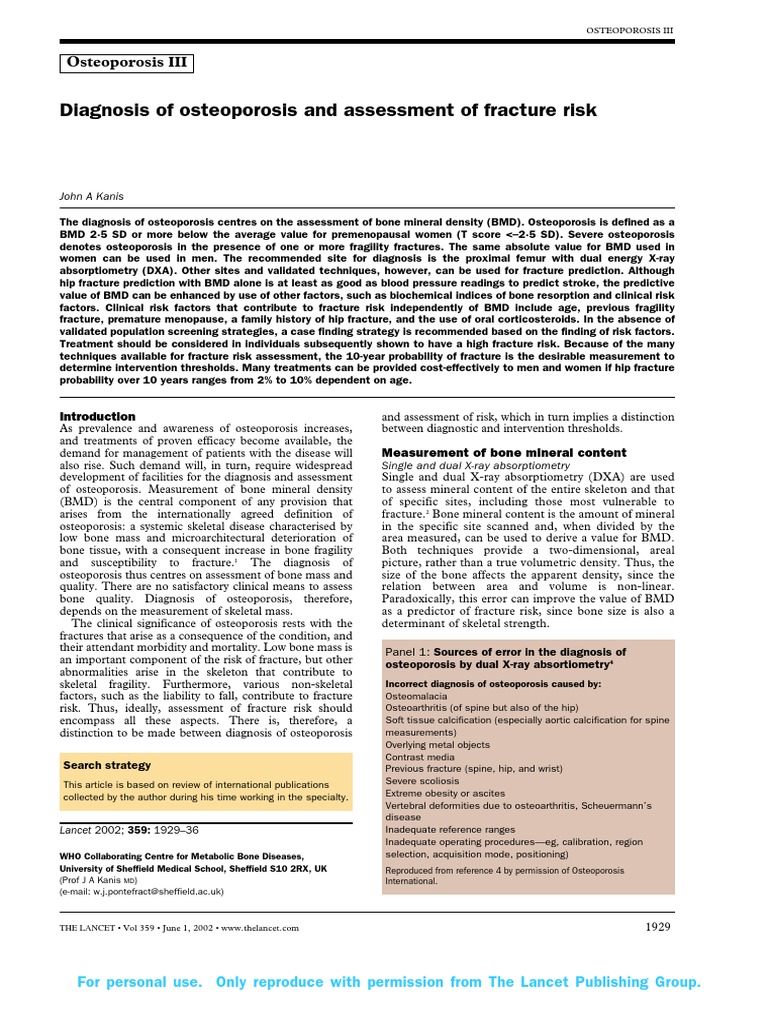 Diagnosis of Osteoporosis and Assessment of Fracture Risk John A Kanis ...