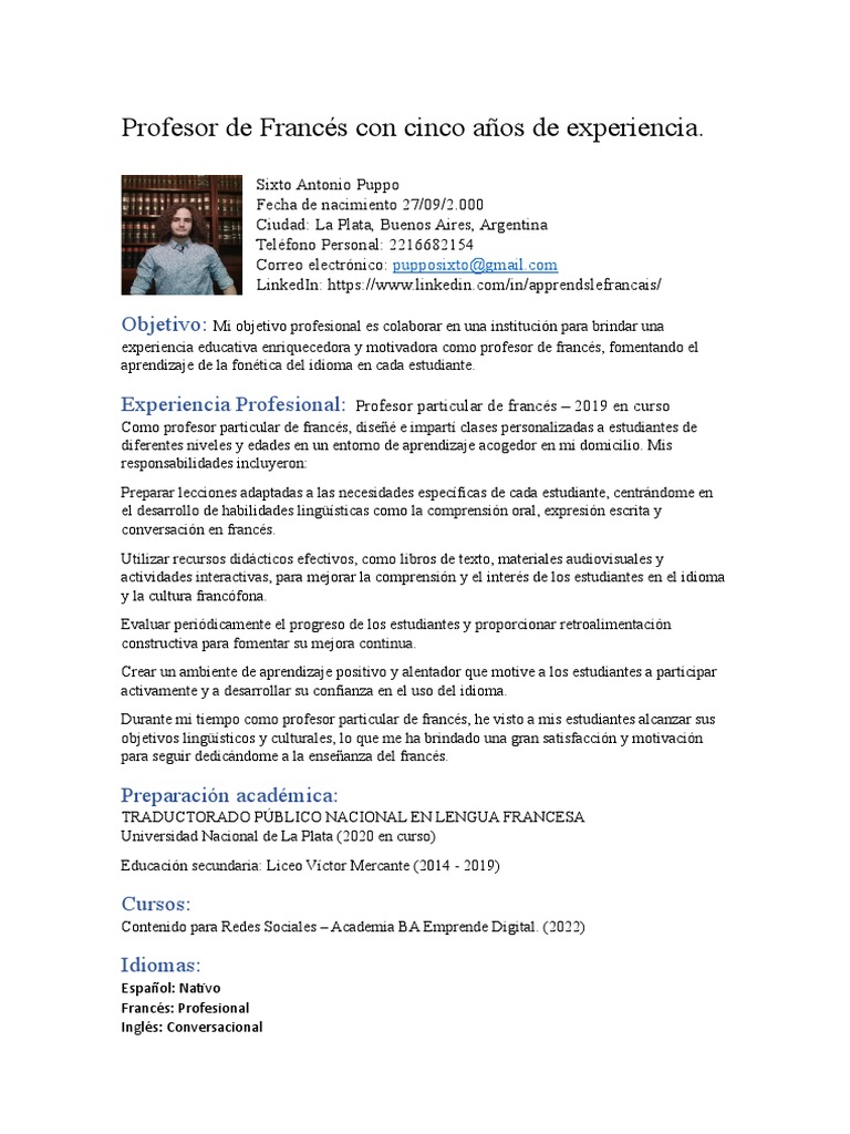 Profesor de Francés con cinco años de experiencia | PDF