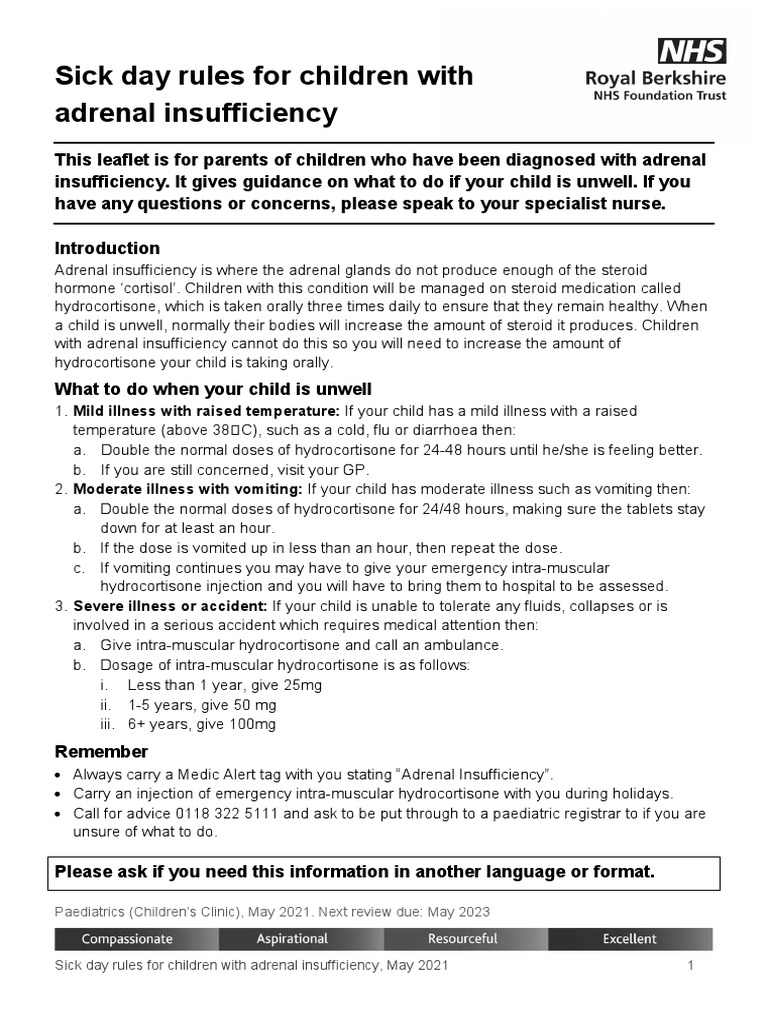 Sick Day Guidelines for Adrenal Insufficiency | PDF