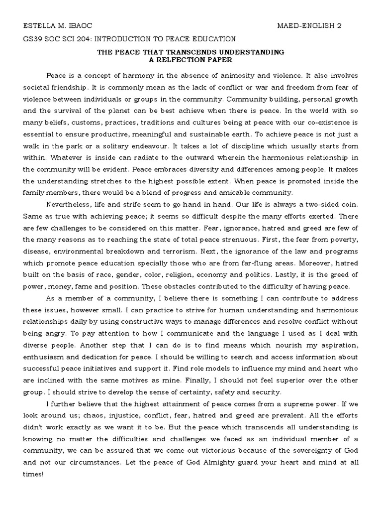 Reflection on Peace Education | PDF | Peace