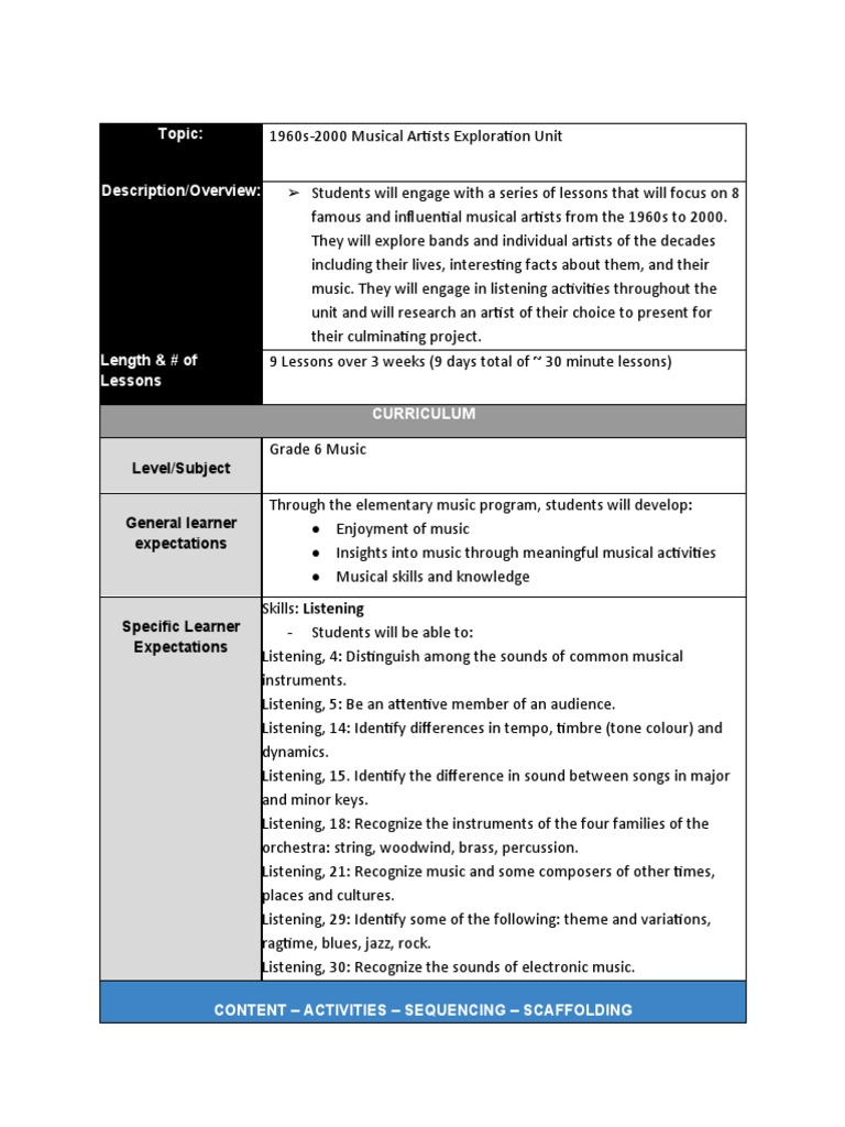 Grade 6 Musical Artists Exploration Unit | PDF | Rock Music | Soul Music