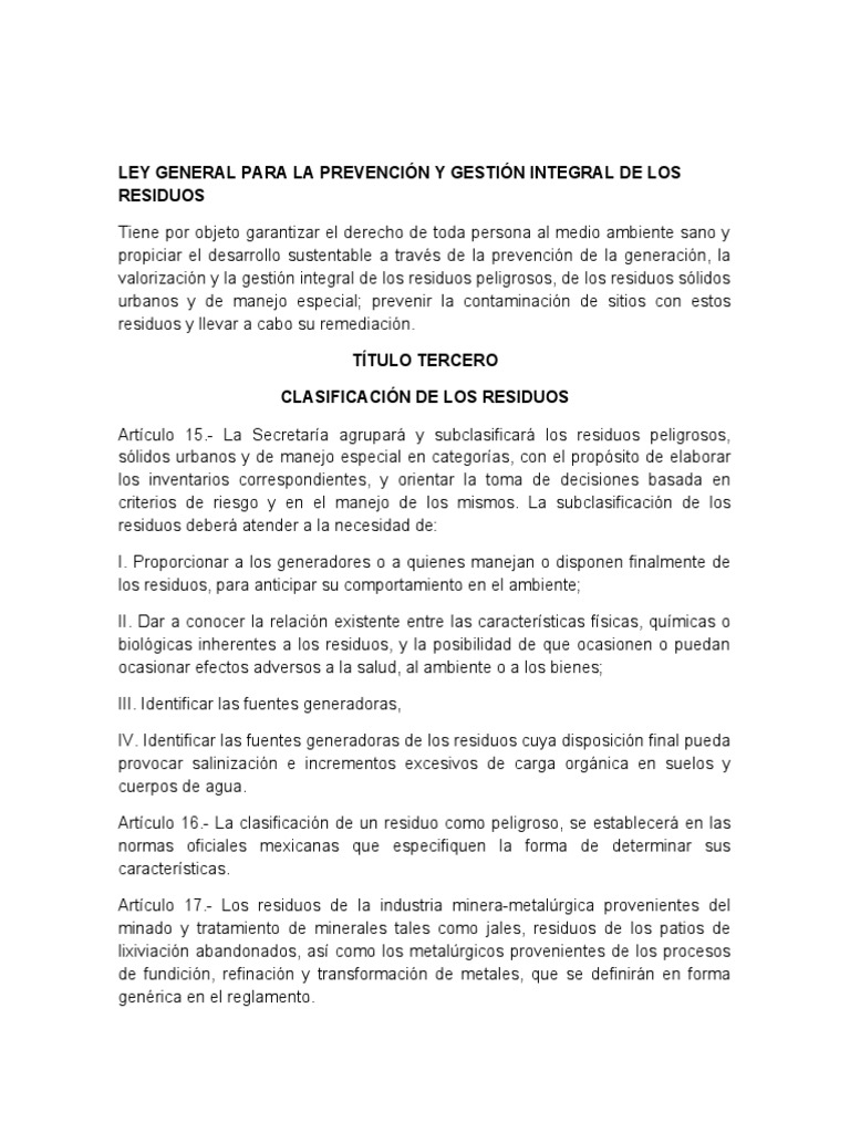 Ley General para La Prevención y Gestión Integral de Los Residuos | PDF | Residuos | Mercurio ...