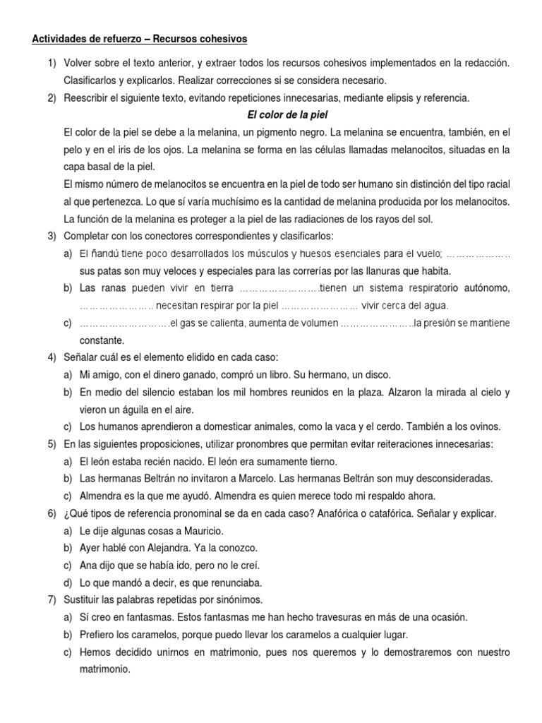 Actividades de Refuerzo. Recursos Cohesivos. | PDF | Piel | Color de piel humana