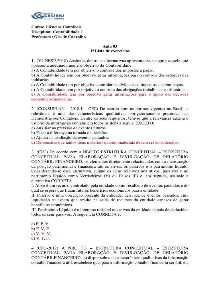 1 Lista de Exercicio Gabarito | PDF | Contabilidade | Relatório anual
