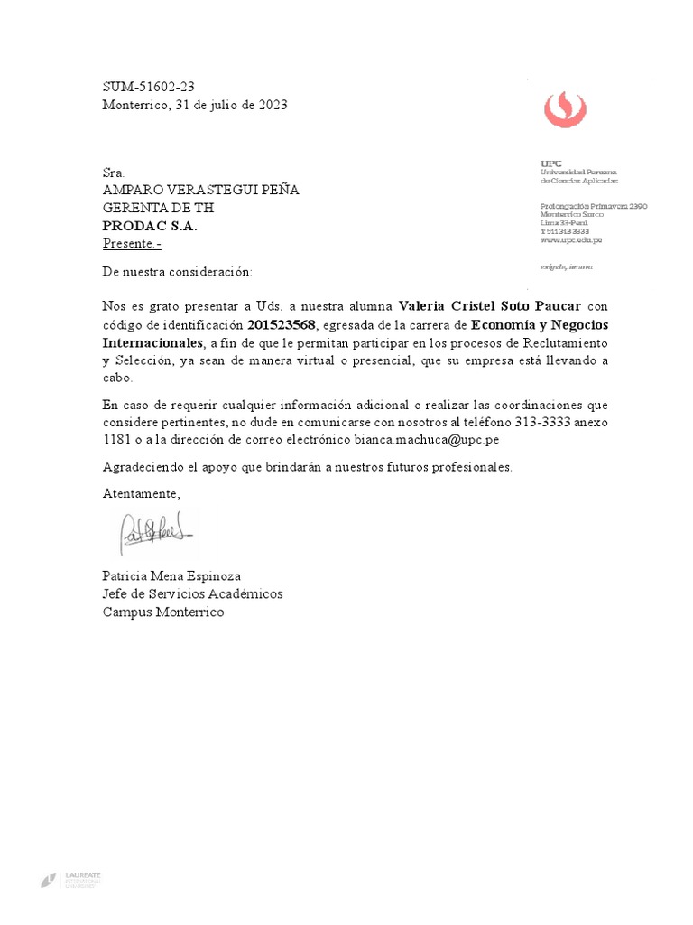 UPC_Carta de Presentación | PDF