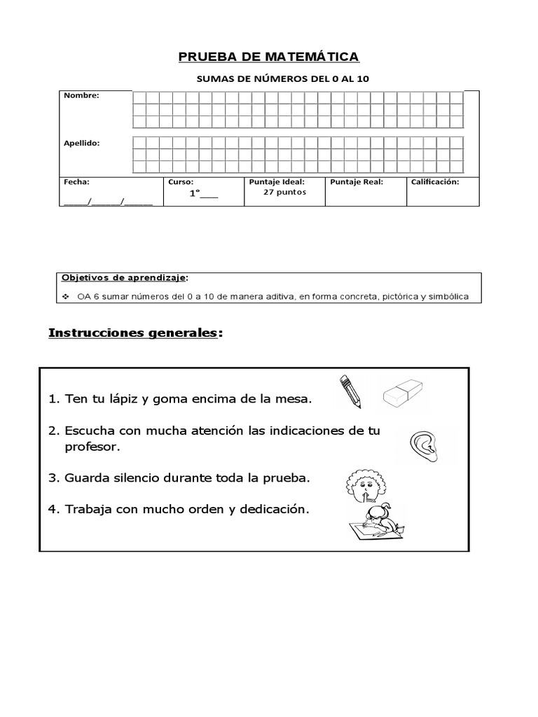 Evaluacion Sumas Hasta 10 | PDF