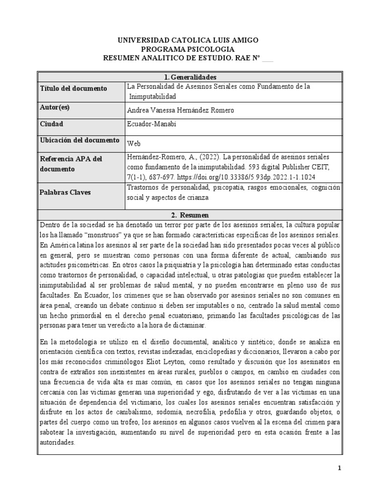 Modelo RAE, La Personalidad de Los AA Como Fundamentos de La Inimputabilidad | PDF | Asesino en ...