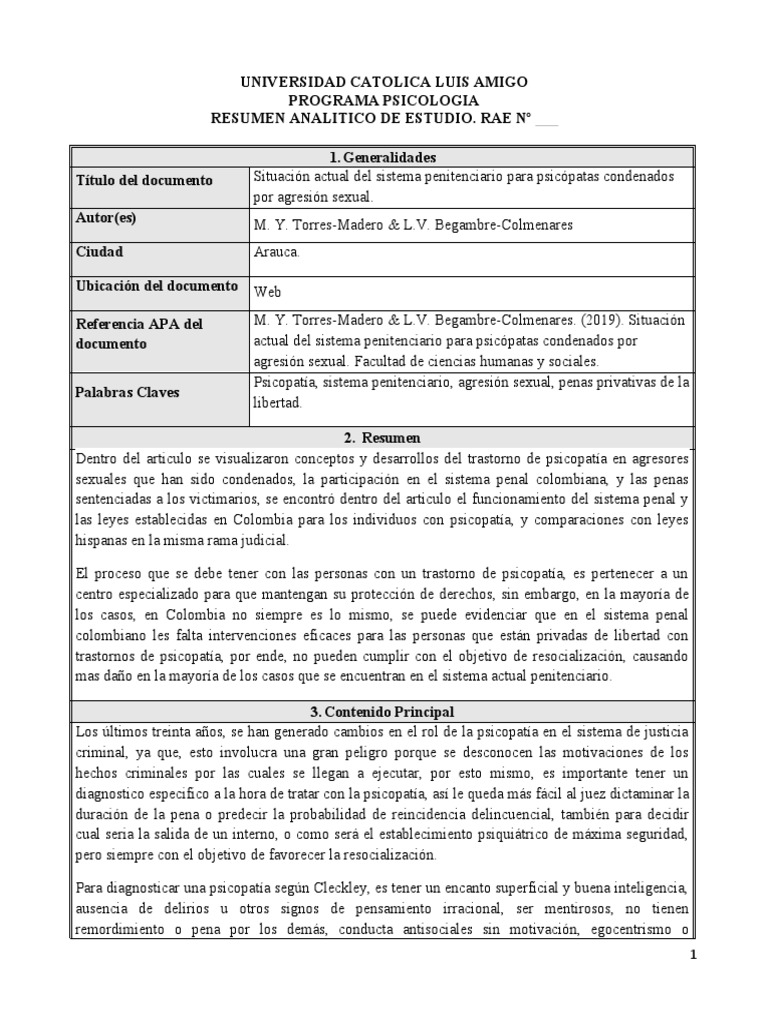 Modelo RAE, Situación Actual Del Sistema Penitenciario para Psicópatas Condenados Por Agresión ...